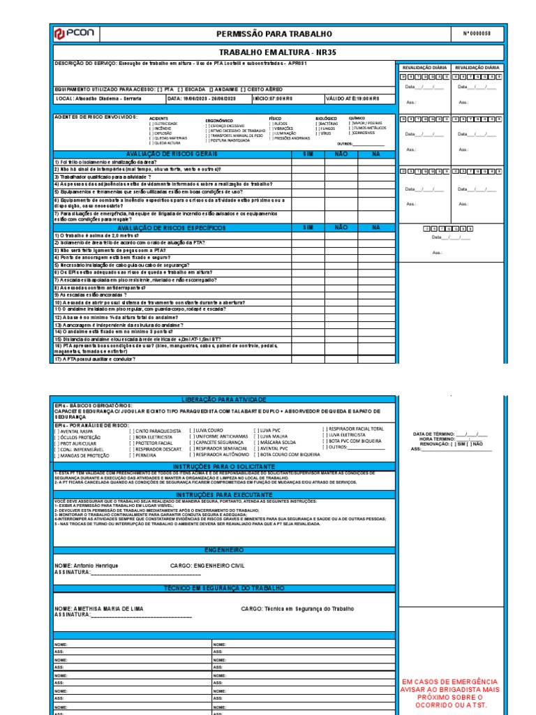 Permissão Para Trabalho Pcon Abril 2022.Xlsx - Altura-13 | PDF