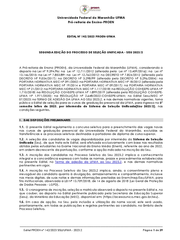 Edital Proen Ufma 142 2023 Sisu-2023-2 Oficial | PDF | Negócios
