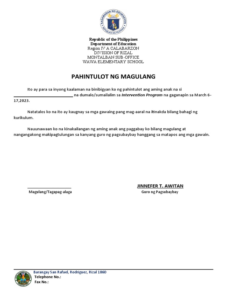 Pahintulot NG Magulang | PDF