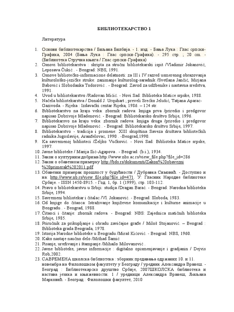 Literatura Bibliotekarstvo I | PDF
