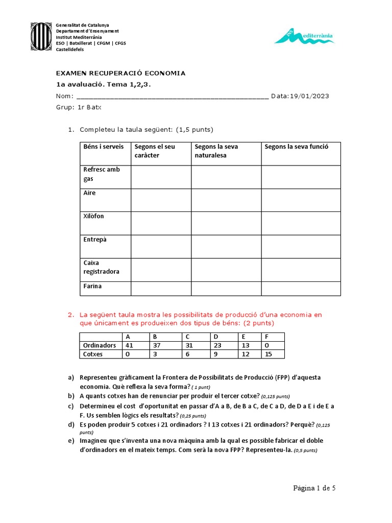 RECU de EXÀMEN ECONOMIA 1r BTX 1a Aval Tema 1,2,3 | PDF