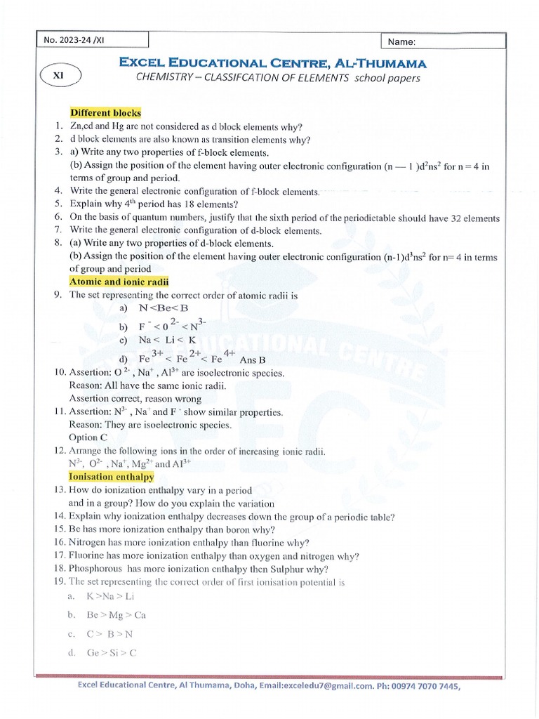 Classification of Elements Revision Questions | PDF