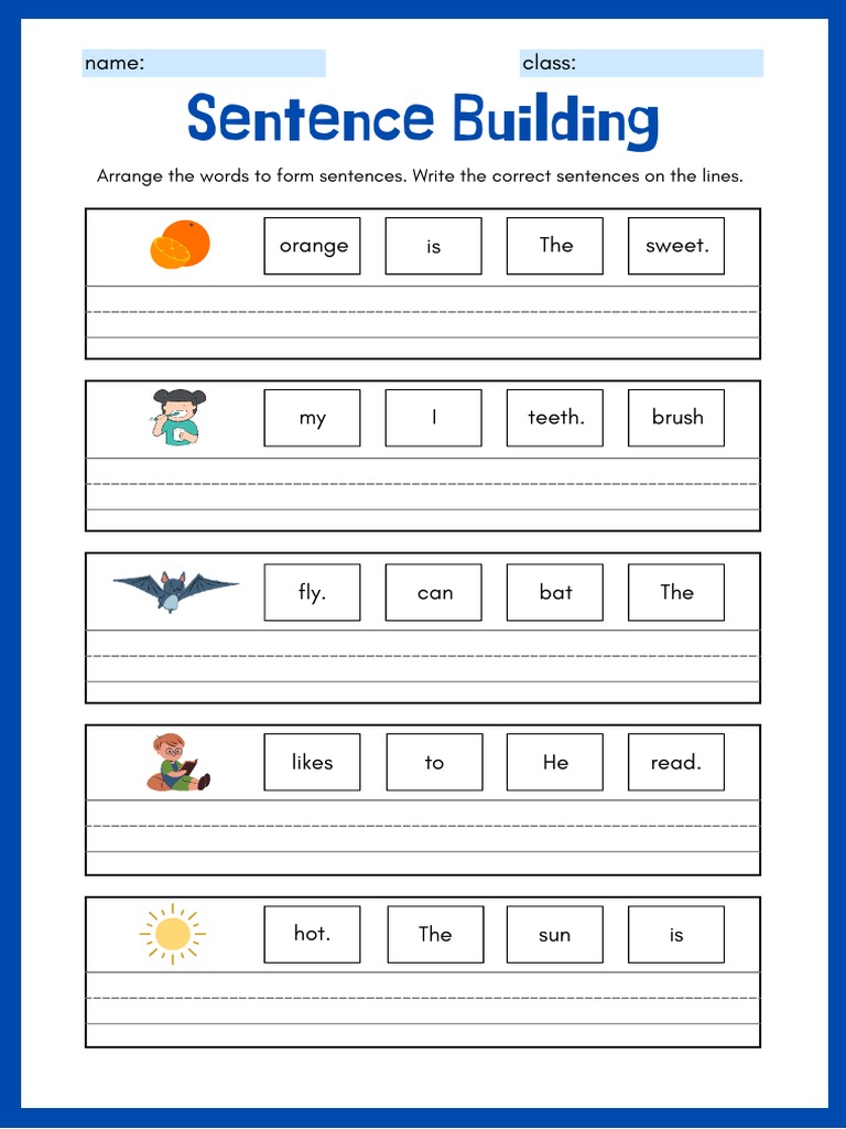 Blue Colorful Sentence Building English Worksheet | PDF