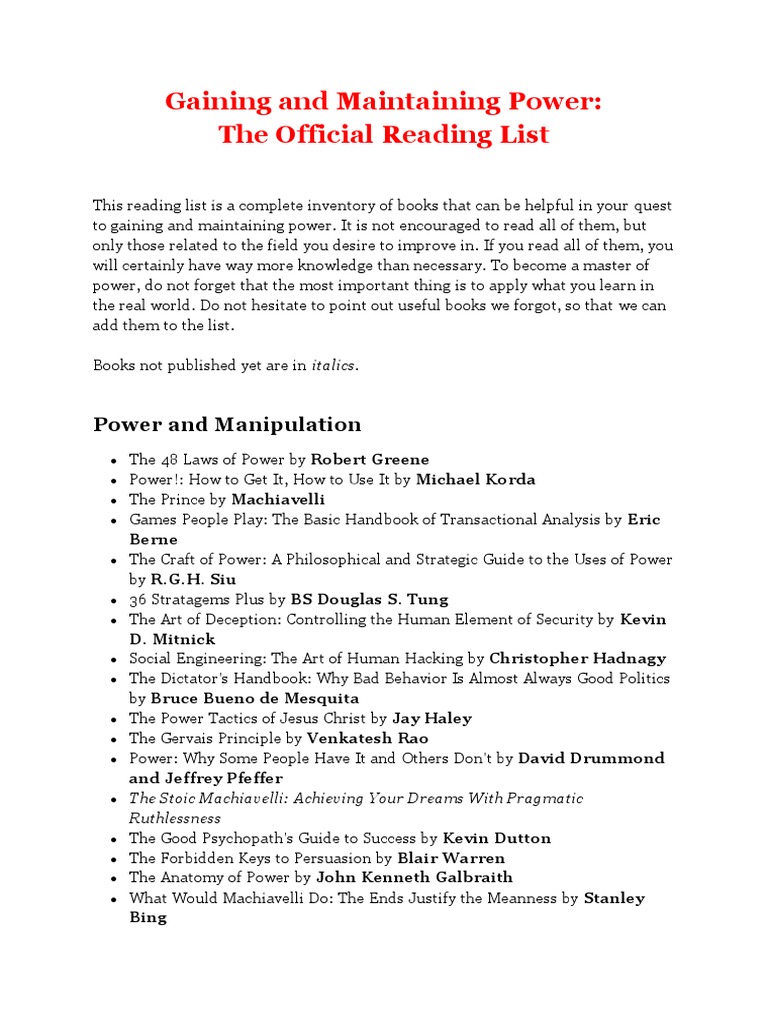 Gaining and Maintaining Power - The Official Reading List | PDF | Neuro ...