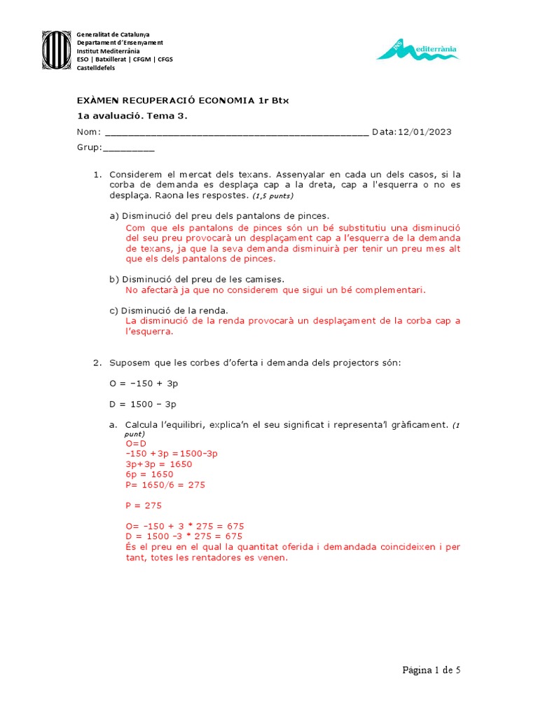 RECU de EXÀMEN ECONOMIA 1r BTX 1a Aval Tema 3 Curs 22-23 Solucions | PDF