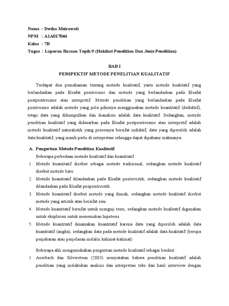 Tugas Laporan Bacaan Topik 9 (Dwika Meirawati - A1a017046) | PDF