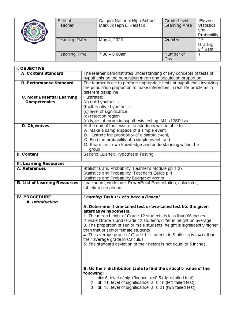 Lesson Plan Stat Ang Proba | Download Free PDF | P Value | Statistical ...