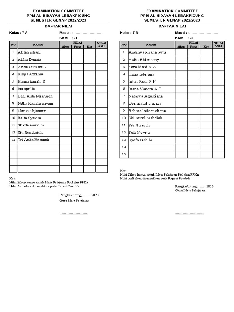 BLANGKO NILAI Pondok | PDF