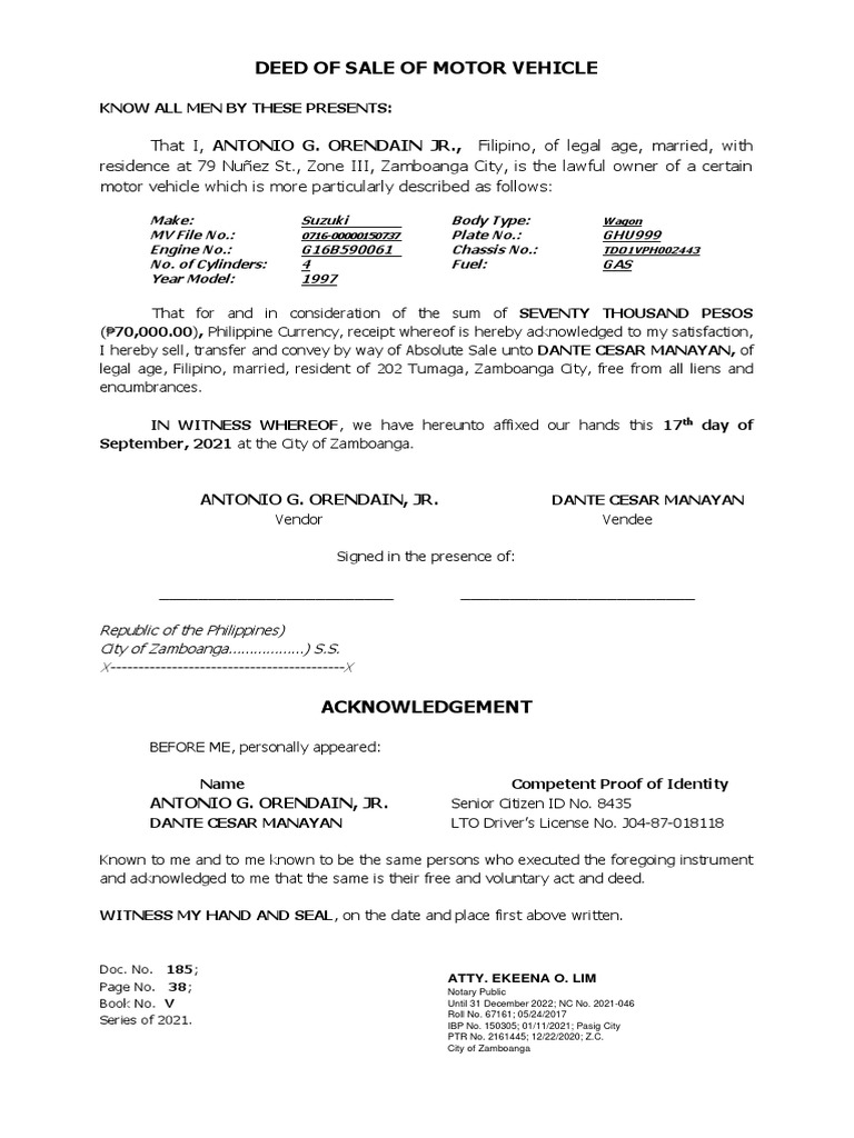 Deed of Sale of Motor Vehicle | PDF
