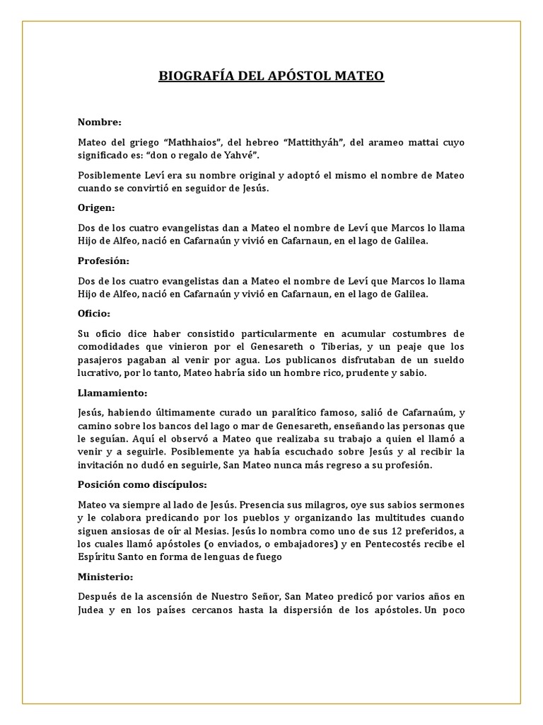 BIOGRAFÍA DEL APÓSTOL MATEO (1) | PDF | Evangelio de Mateo | Galilea