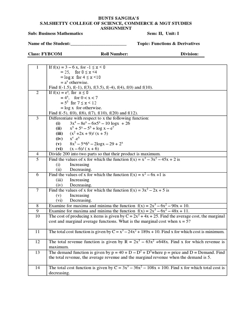 FYBCOM SEM-II - Functions & Derivative | PDF | Maxima And Minima | Calculus