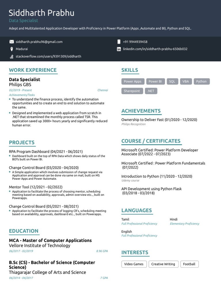 Siddharth Prabhu: Work Experience Skills | PDF | Application Software | Automation