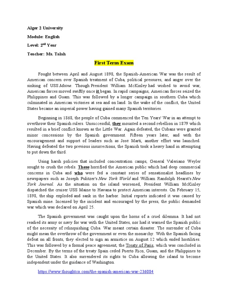 English Exam S1 Second Year | PDF | Military | International Relations