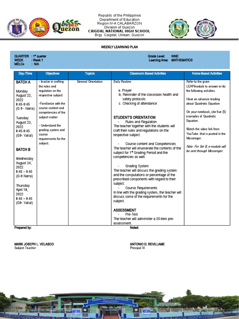Day /time Objectives Topic/s Classroom-Based Activities Home-Based ...