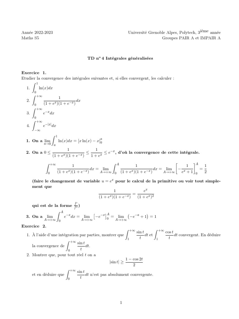 Corrige TD4 Integrales Generalisees | PDF | Limite (mathématiques) | Fonctionnalités et ...