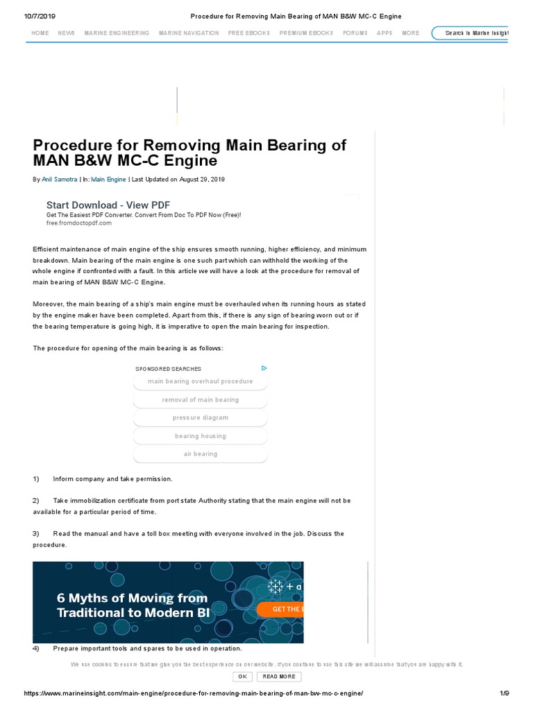 Procedure For Removing Main Bearing of MAN B&W MC-C Engine | PDF | Ships | Bearing (Mechanical)