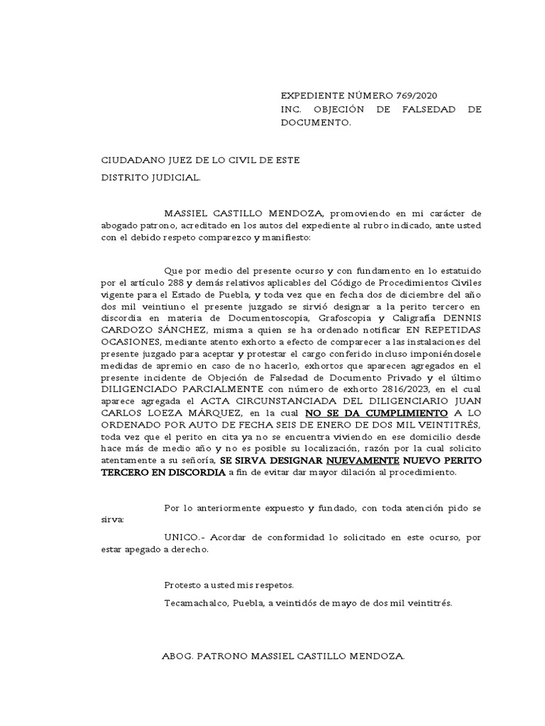 DESIGNAR NUEVO PERITO TERCERO EN DISCORDIA | PDF