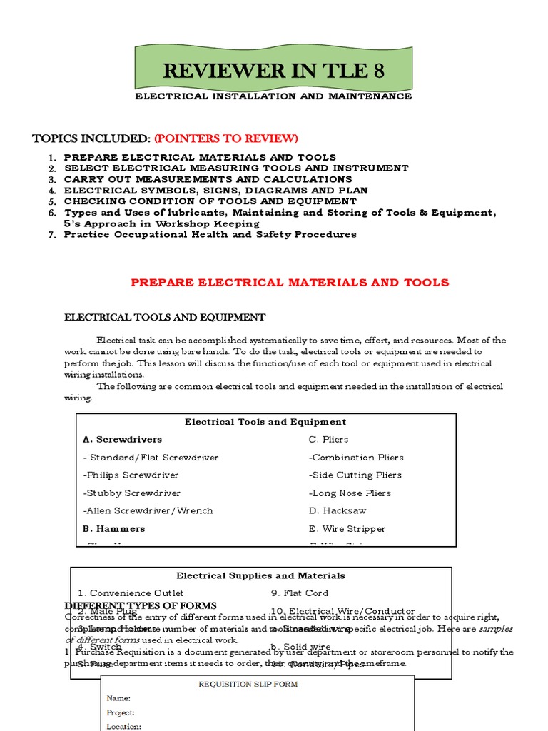 TLE 8 Electrical Installation Reviewer | PDF | Hazards | Lubricant