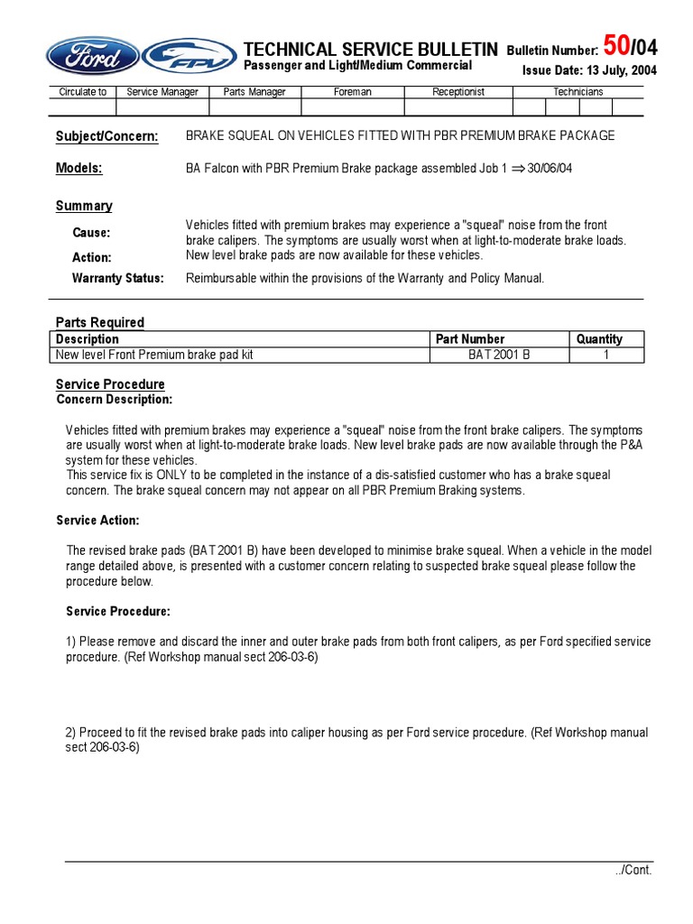 Brake Squeal On Vehicles Fitted With PBR Premium Brake Packa | PDF ...