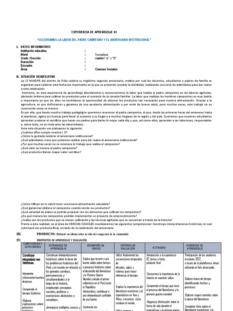 Experiencia de Aprendizaje 03 - Ciencias Sociales - Cuarto Grado | Descargar gratis PDF ...