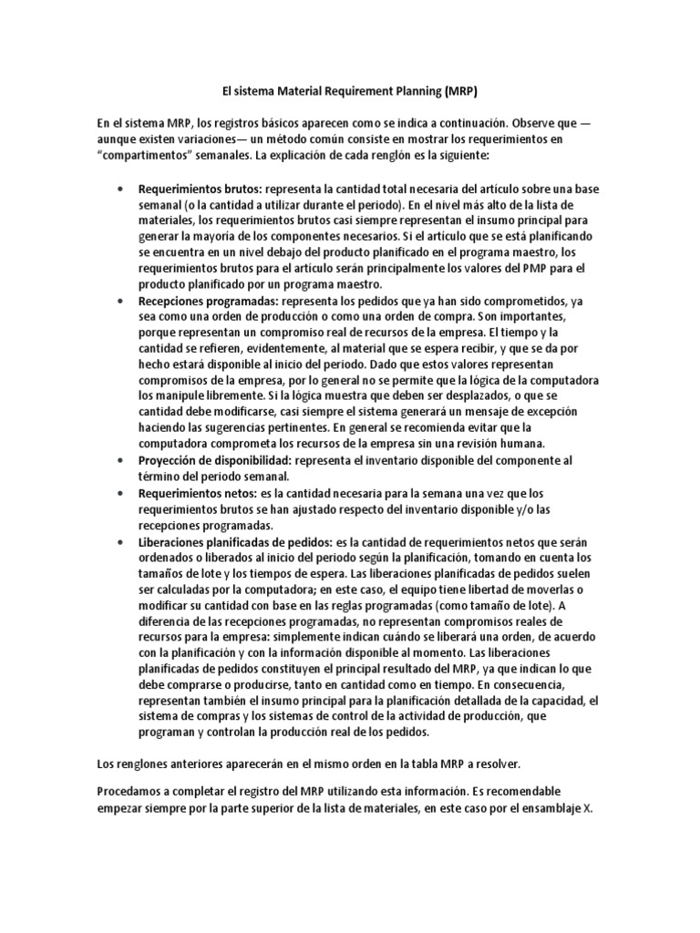 Guía de MRP: Planificación y Ejemplo | PDF | Inventario | Planificación