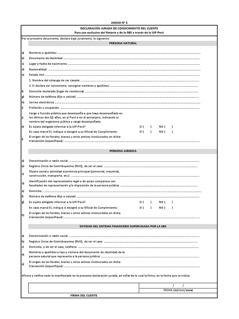 Declaración Jurada de Conocimiento Del Cliente para Uso Exclusivo Del Notario y de La SBS A ...