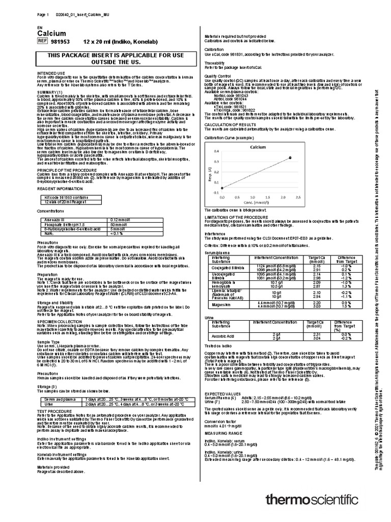d20640 01 Insert Calcium Mu | PDF | Detection Limit | Calcium In Biology