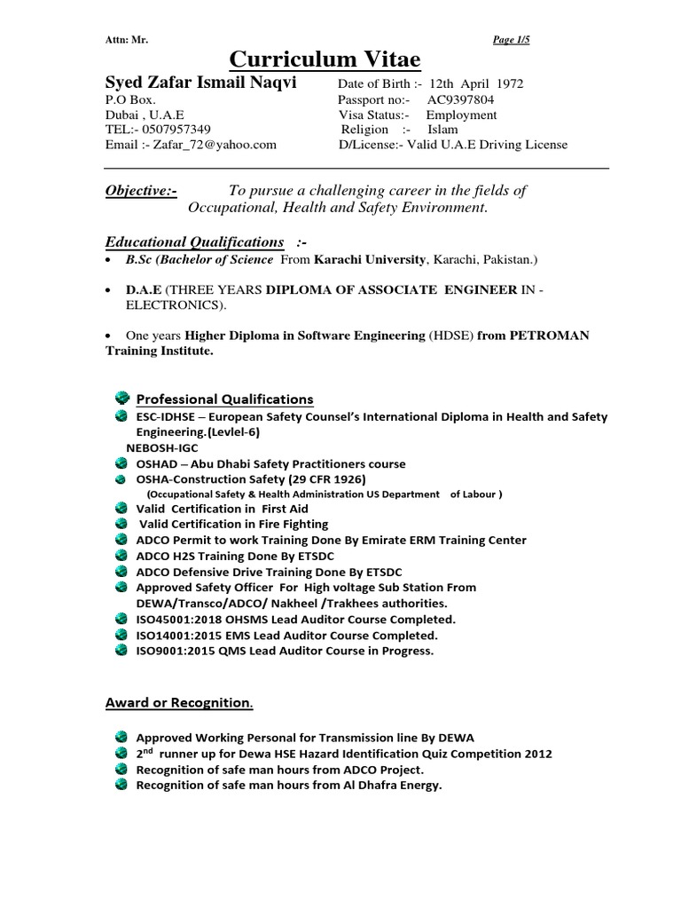 CV Zafar | PDF | Occupational Safety And Health | Safety