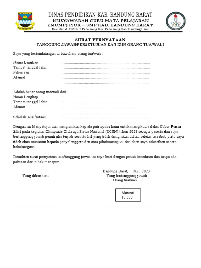 Surat Pernyataan Orang Tua Atlet Pencak Silat N Karate | PDF