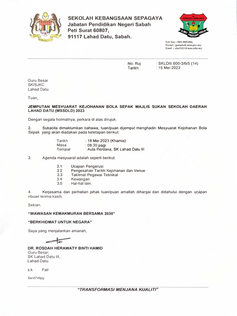 Surat Jemputan Mesyuarat Kejohanan Bola Sepak | PDF