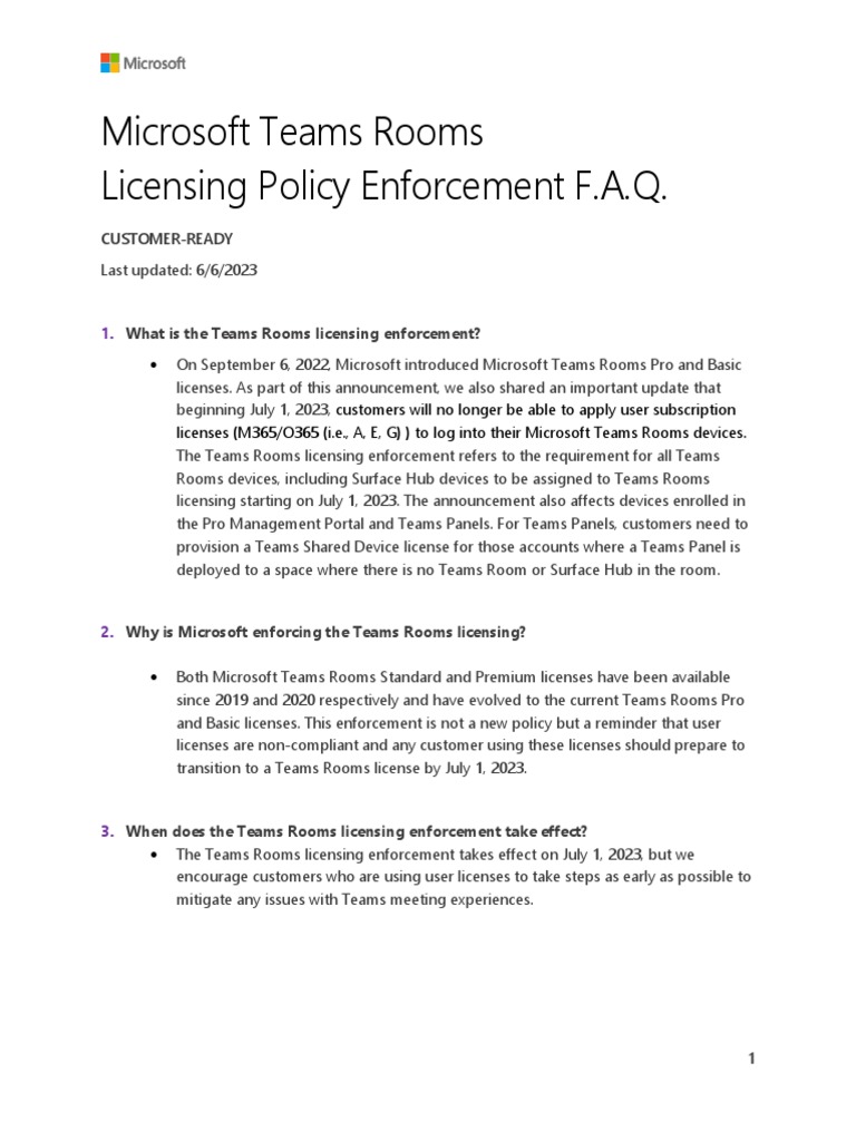 Microsoft Teams Rooms Licensing Enforcement FAQ Customer Ready ...