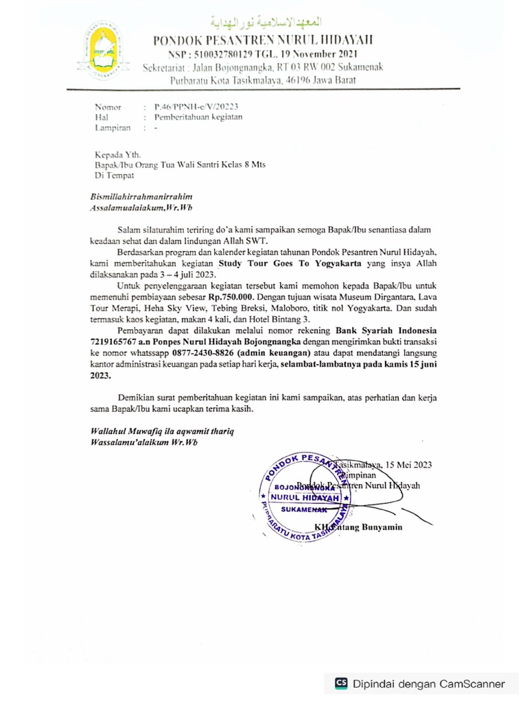 Surat Pemberitahuan Studi Tour | PDF