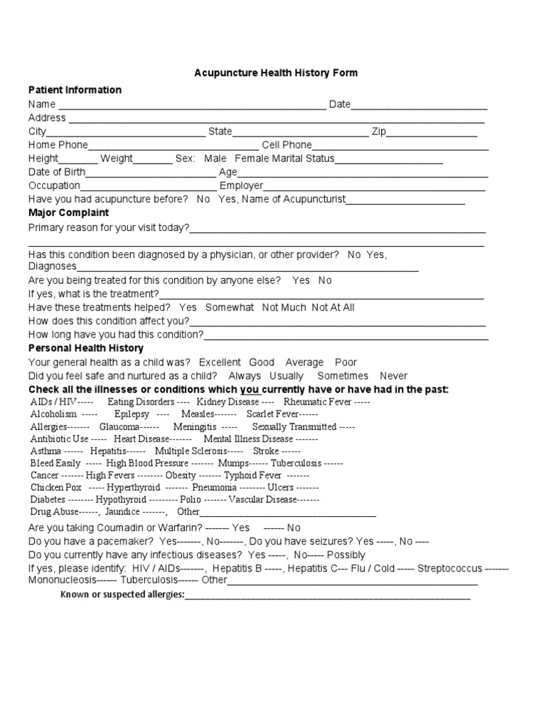 Acupuncture Health History Form | PDF | Pain | Thorax