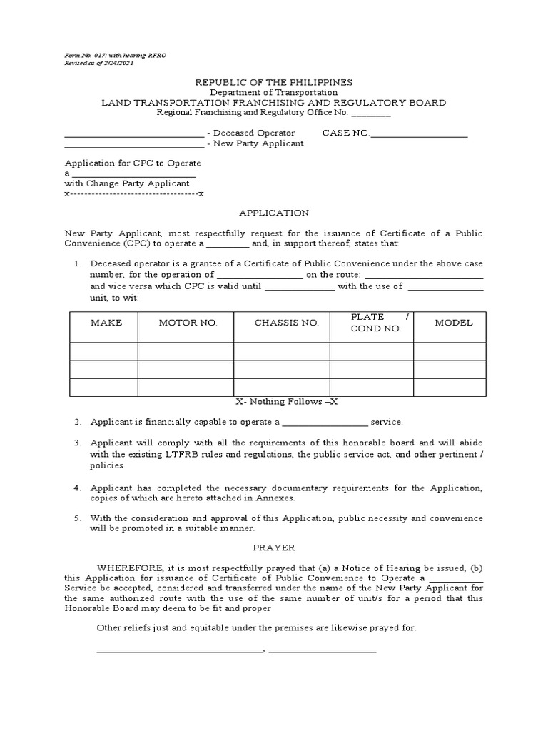 LTFRB CPC Application Form Guide | PDF | Government | Justice