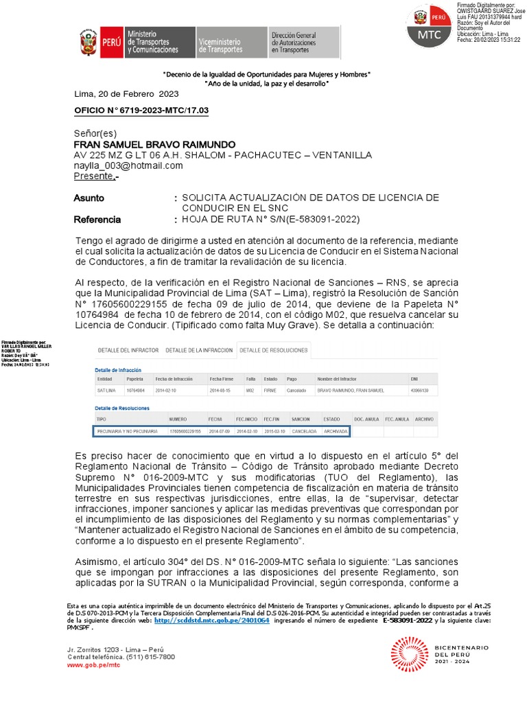 6719-2023-MTC_17.03_OFICIO (3) | PDF | Justicia | Crimen y violencia