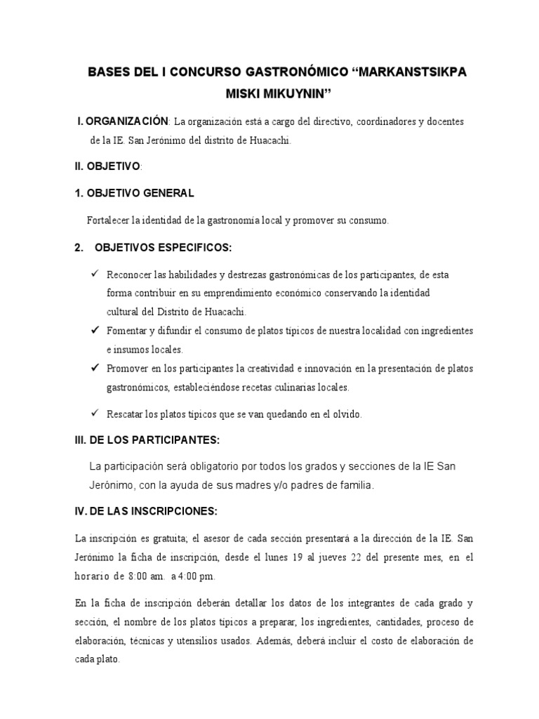 Bases Concurso Gastronómico Por Semana de Aniversario PDF | PDF ... Bases Concurso Gastronómico Por Semana de Aniversario PDF | PDF ...