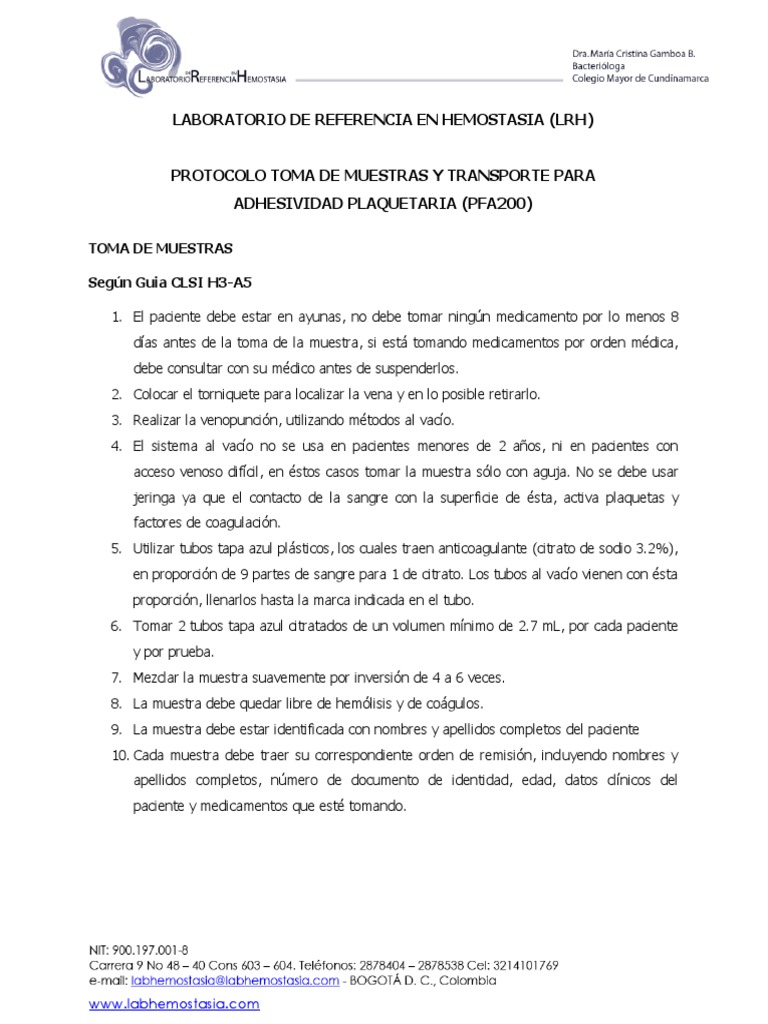 Protocolo Toma Muestras y Transporte Adhesividad Plaquetaria .Pfa200. Lab Ref Hemostasia | PDF ...