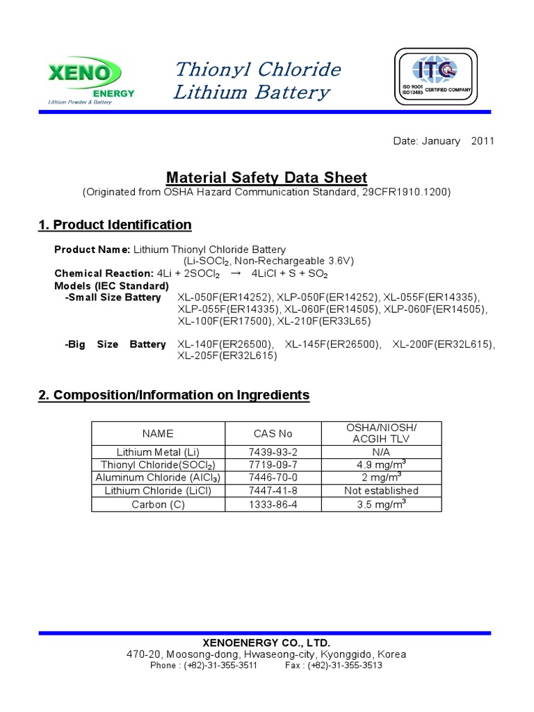 Xeno Energy Lithium Thionyl Chloride MSDS | PDF | Water | Fires
