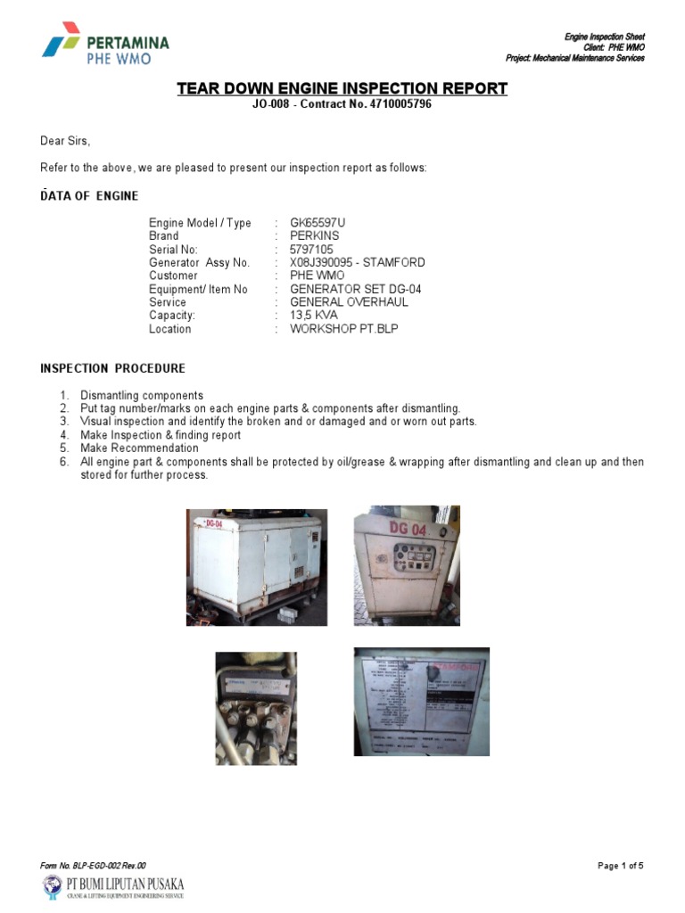 Tear Down Inspection Report Engine PERKINS DG-04 PHEWMO | PDF | Engines ...