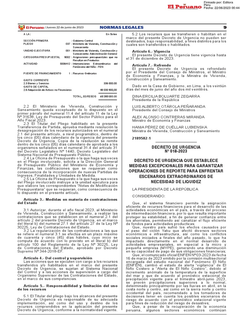 Decreto de Urgencia #018-2023 | PDF | Bancos | Seguro