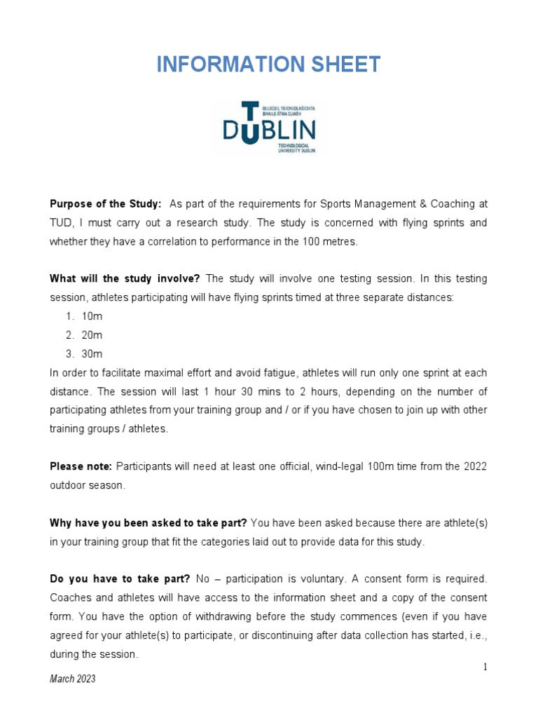 Janine Flying Sprints Testing (Information Sheet and Consent Form) | PDF
