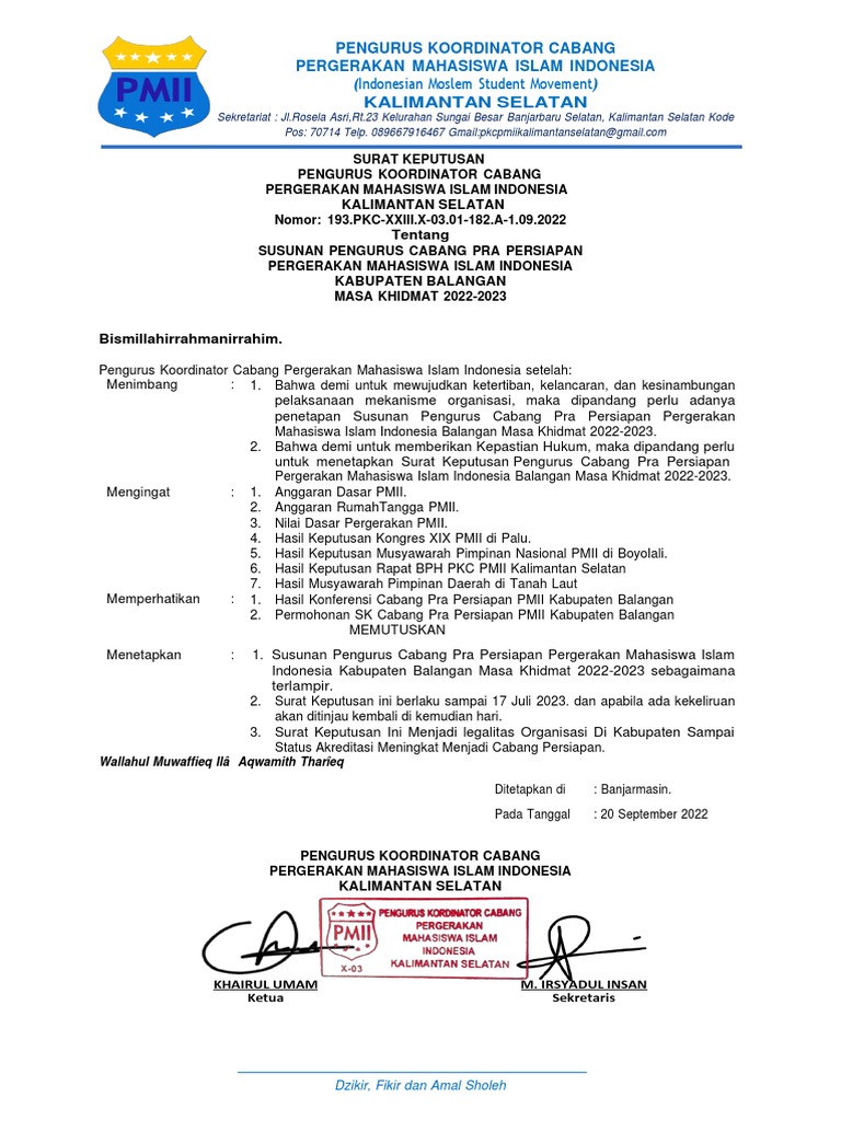 SK CABANG PMII BALANGAN 2022-2023. | PDF