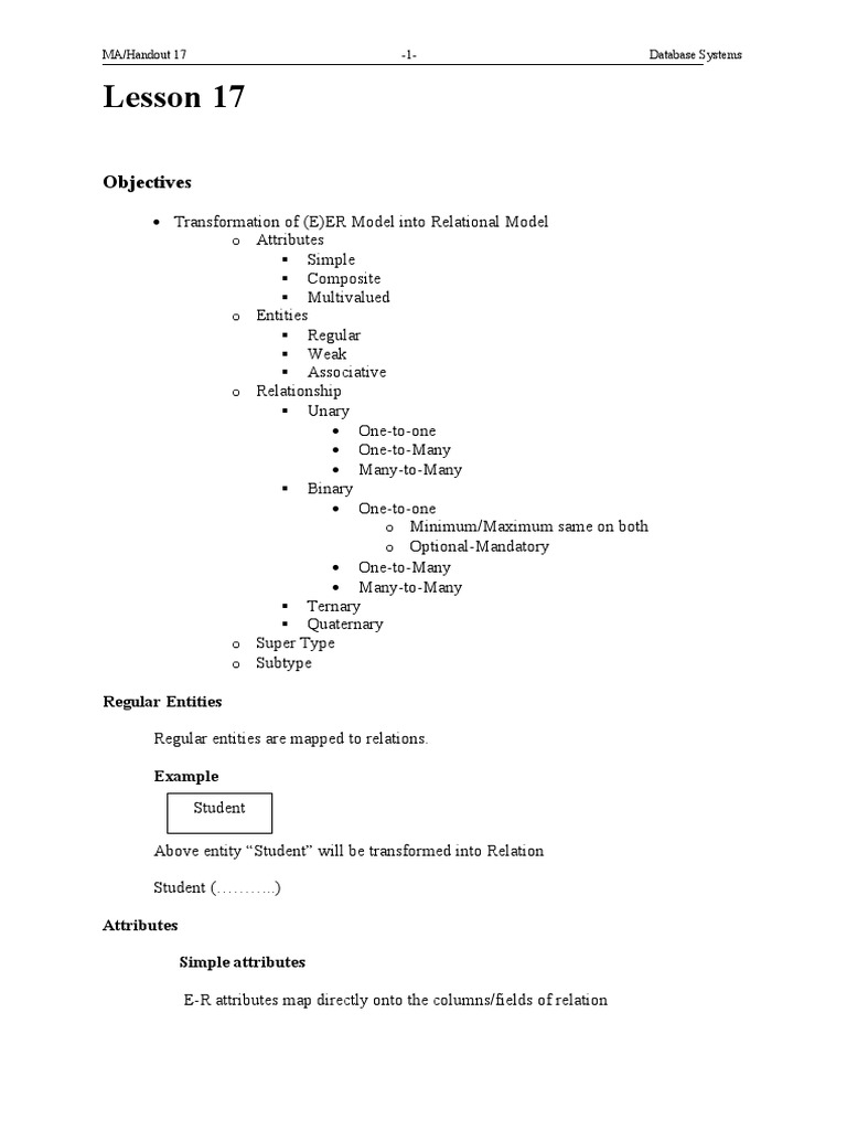 Handout 17 - TransformationERtoRelational | PDF | Relational Database ... Handout 17 - TransformationERtoRelational | PDF | Relational Database ...