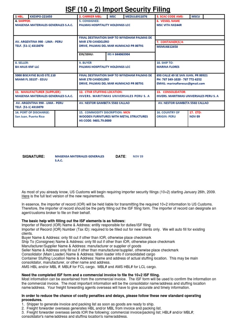 Isf 10+2 - Kxexpo-221450 - Palmas Hospitality Holdings LCC | PDF | Cargo | Freight Transport