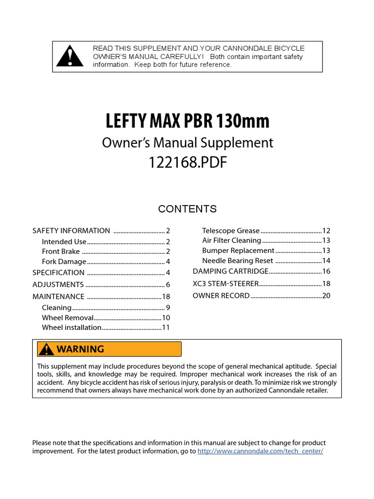 Lefty Max PBR 130mm Owner's Manual | PDF | Axle | Piston
