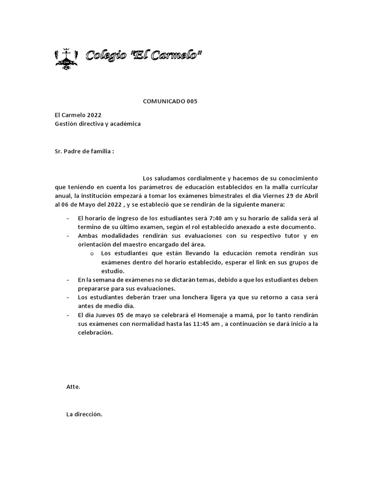 Comunicado 005 Exámenes Bimestrales I | PDF
