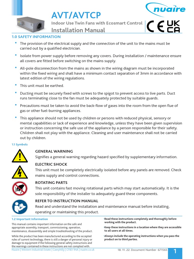 Nuaire AVT - Aire-Volve Twin Fans for Indoor Use | PDF | Duct (Flow) | Personal Protective Equipment