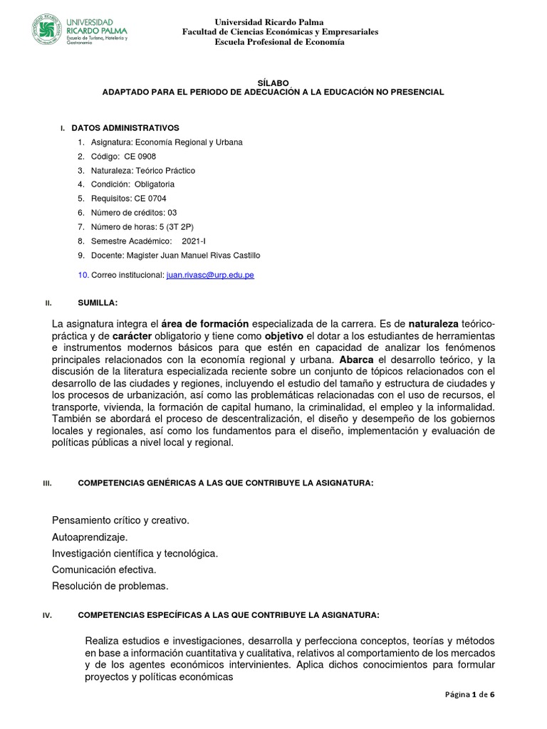 Ce 0908 Silabo Economia Regional y Urbana 2021 II PDF | PDF | Evaluación