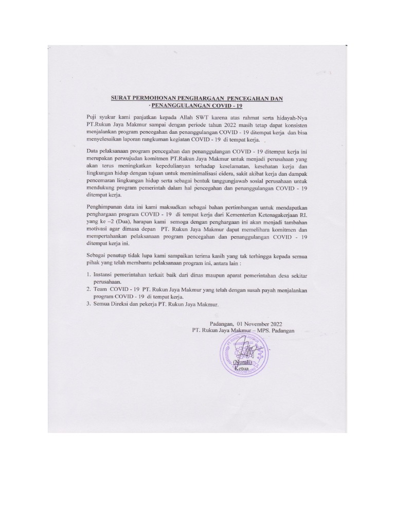 PT.RUKUN JAYA MAKMUR_permohonan covid-19 | PDF