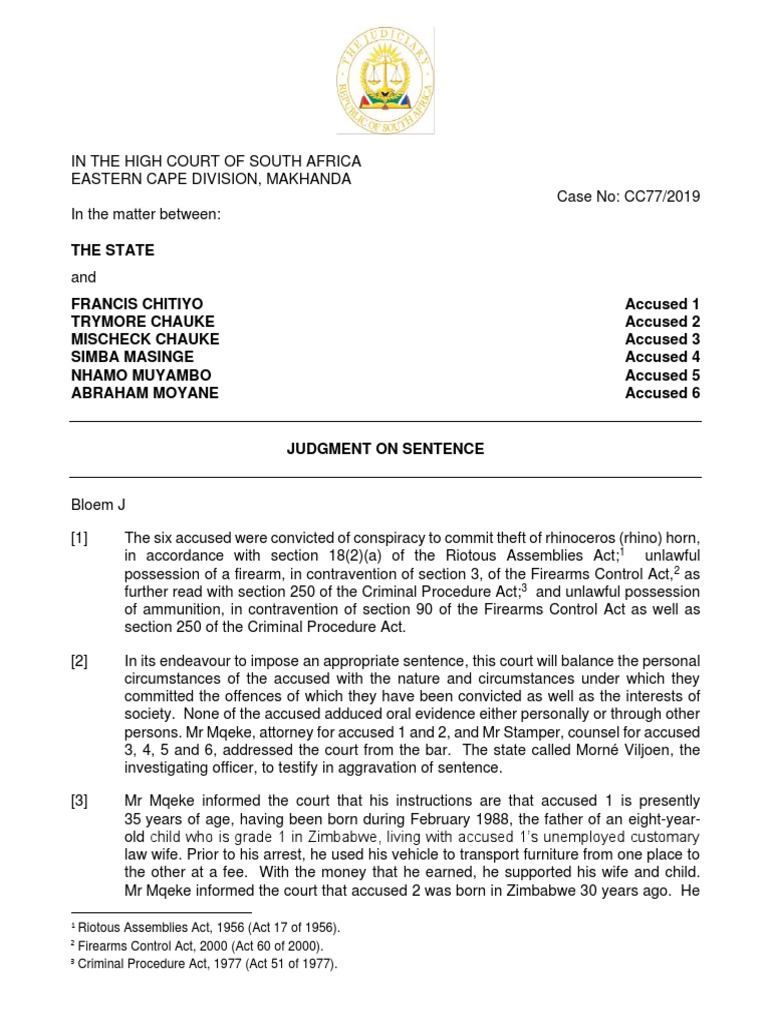 The State V Chitiyo and 5 Others (Sentence) | PDF | Theft | Crimes